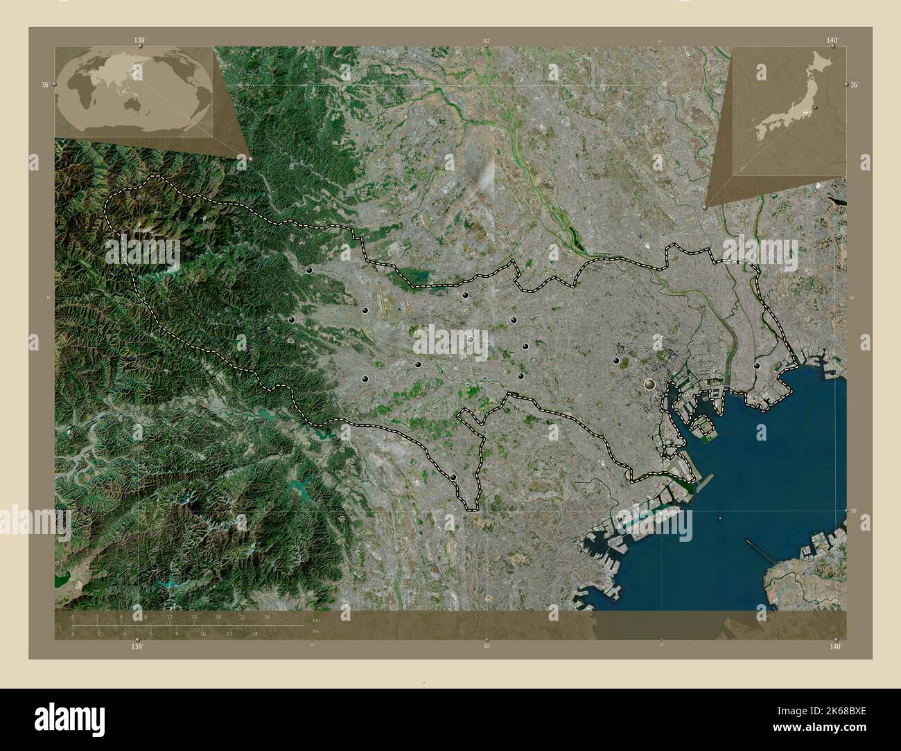 Tokyo, metropolis of Japan. High resolution satellite map. Locations of ...