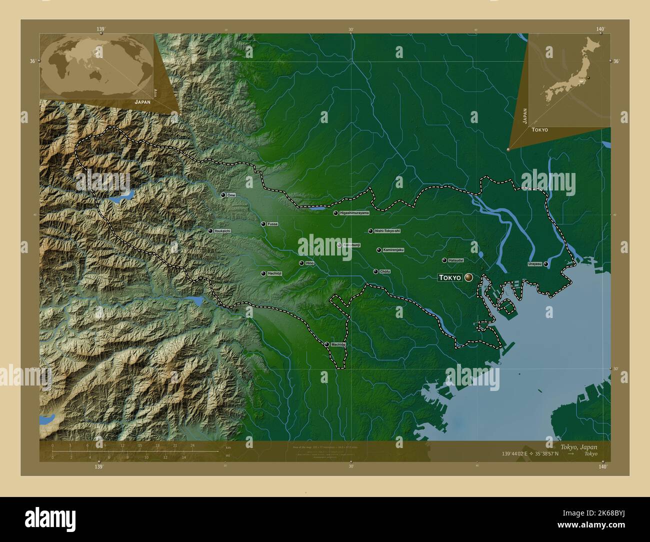 Tokyo, metropolis of Japan. Colored elevation map with lakes and rivers ...
