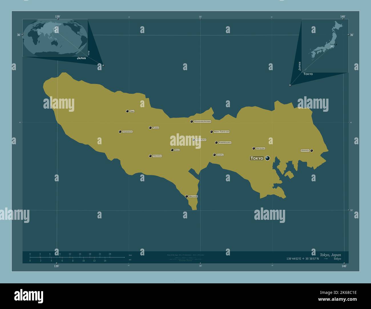Tokyo, metropolis of Japan. Solid color shape. Locations and names of ...