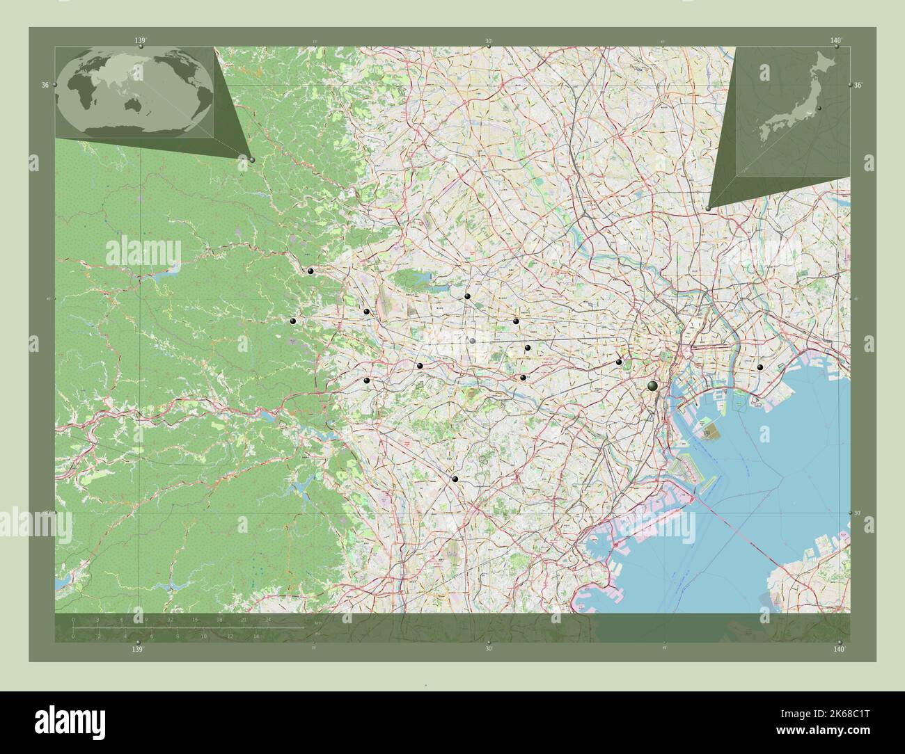 Tokyo, metropolis of Japan. Open Street Map. Locations of major cities ...