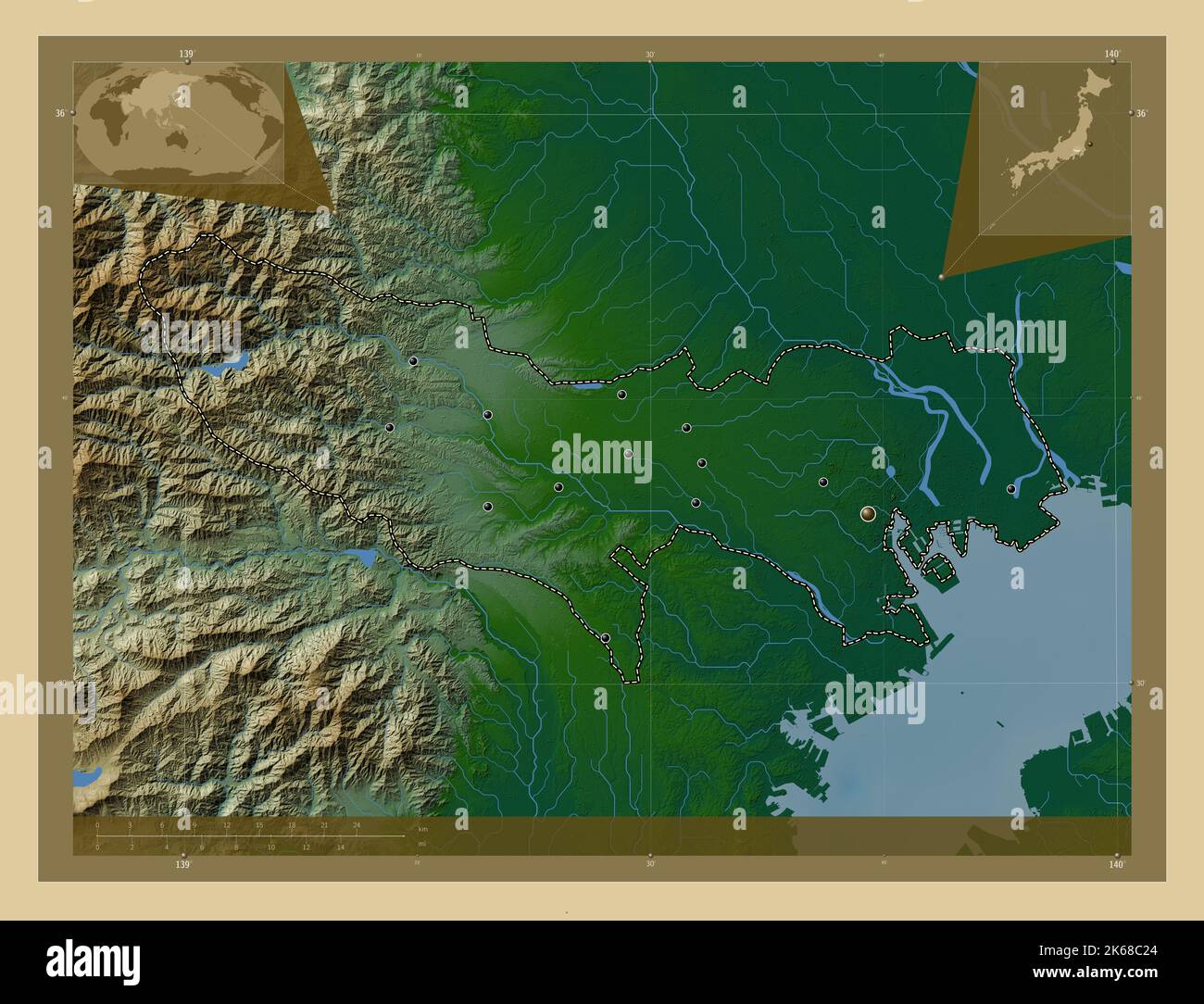 Tokyo, metropolis of Japan. Colored elevation map with lakes and rivers ...