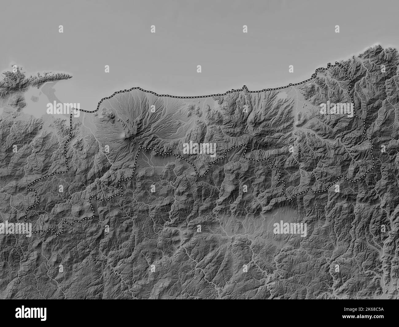 Tottori, prefecture of Japan. Grayscale elevation map with lakes and ...