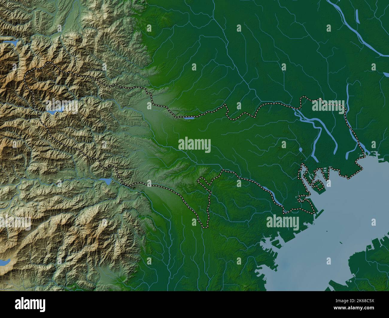 Tokyo, metropolis of Japan. Colored elevation map with lakes and rivers ...