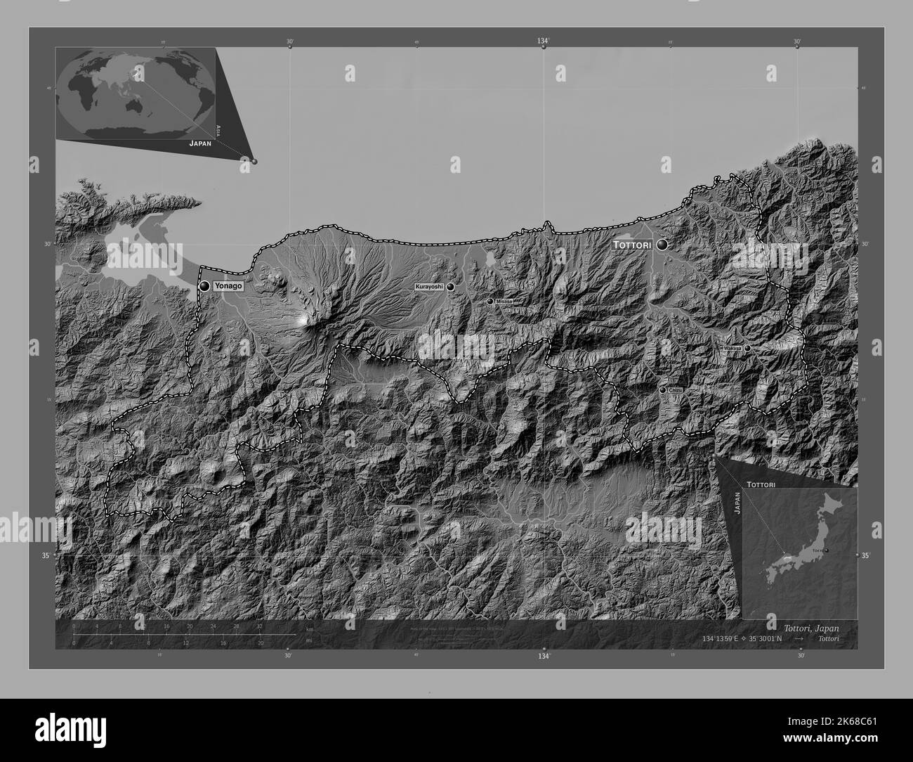 Tottori, prefecture of Japan. Bilevel elevation map with lakes and ...