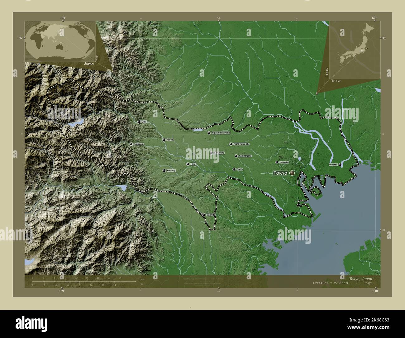 Tokyo, metropolis of Japan. Elevation map colored in wiki style with ...