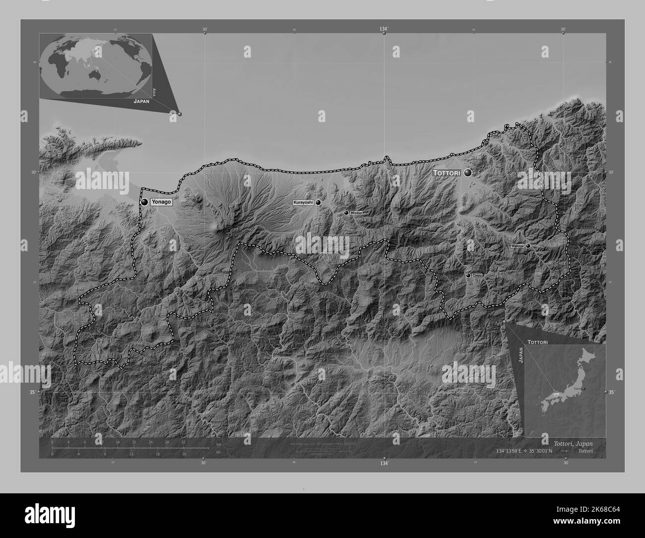 Tottori, prefecture of Japan. Grayscale elevation map with lakes and ...