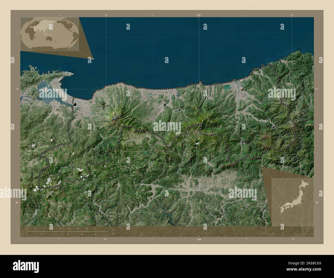 Tottori, prefecture of Japan. High resolution satellite map. Locations of major cities of the ...