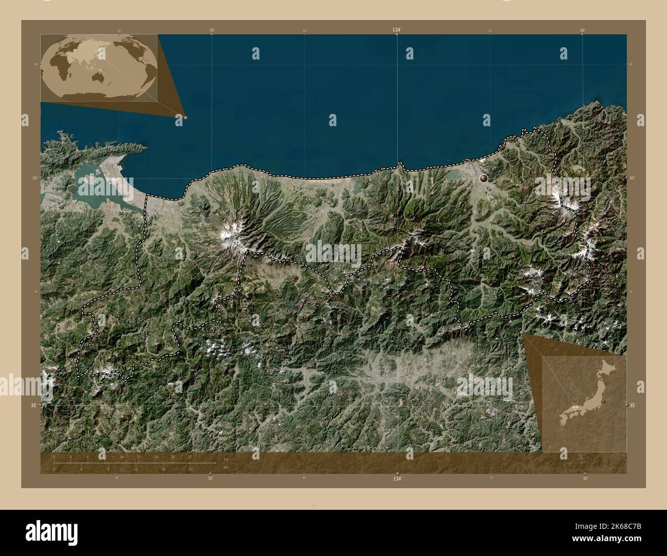 Tottori, prefecture of Japan. Low resolution satellite map. Corner ...