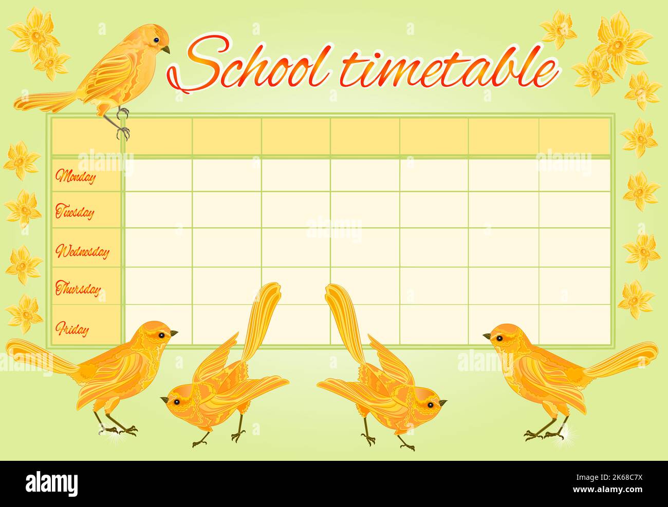 School timetable with yellow birds vector Stock Vector Image & Art - Alamy