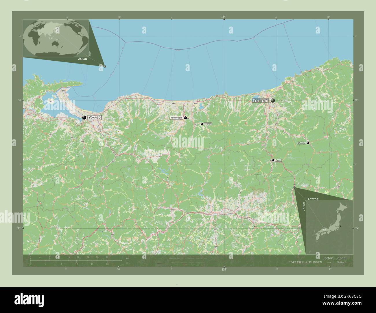 Tottori, prefecture of Japan. Open Street Map. Locations and names of ...