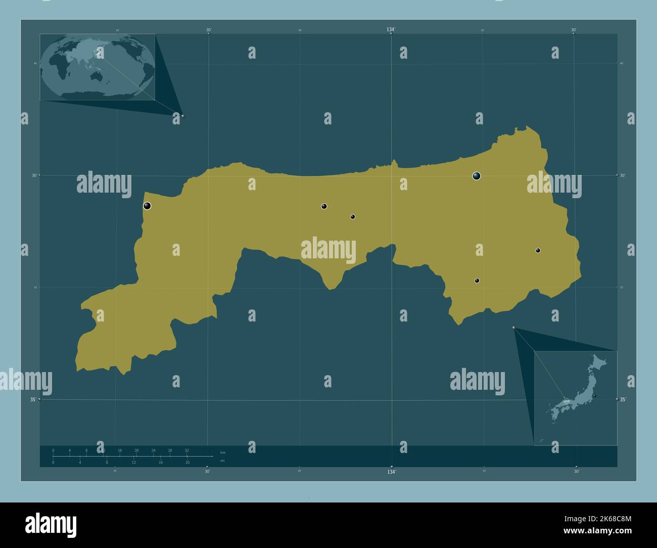Tottori, prefecture of Japan. Solid color shape. Locations of major ...