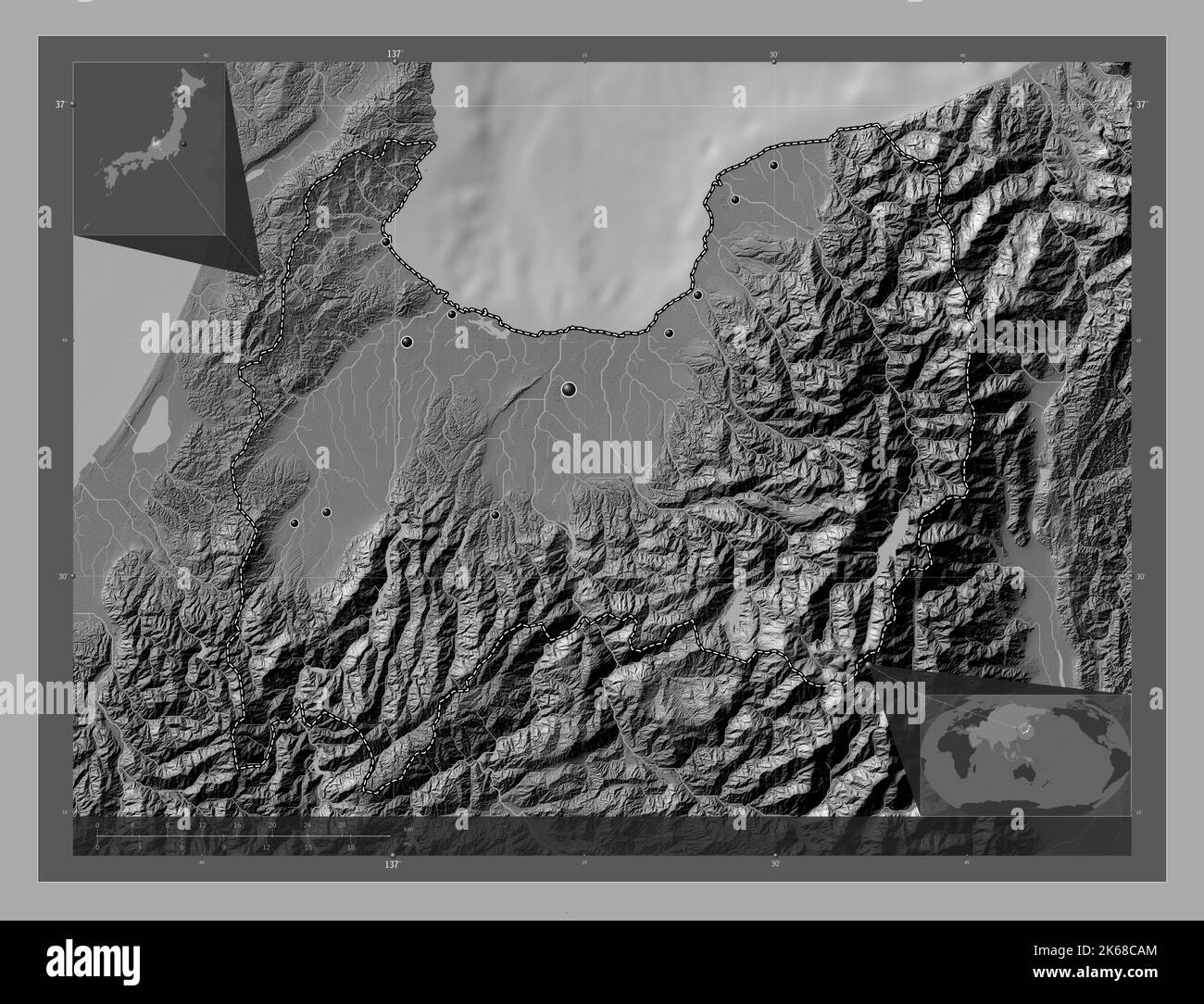 Toyama, prefecture of Japan. Bilevel elevation map with lakes and ...