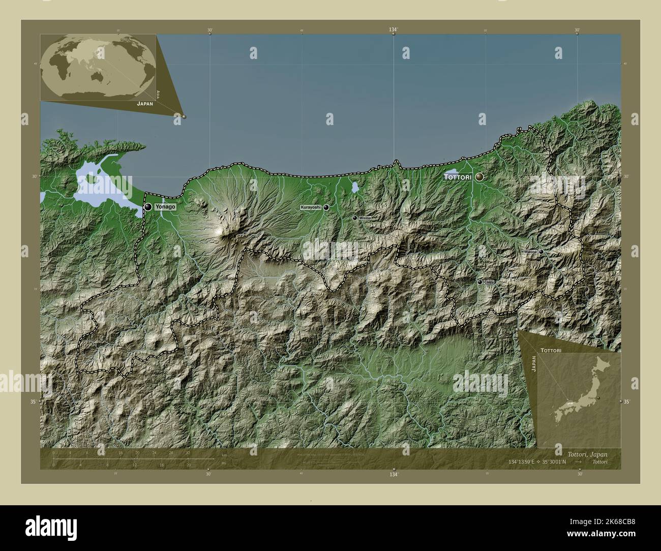 Tottori, prefecture of Japan. Elevation map colored in wiki style with ...
