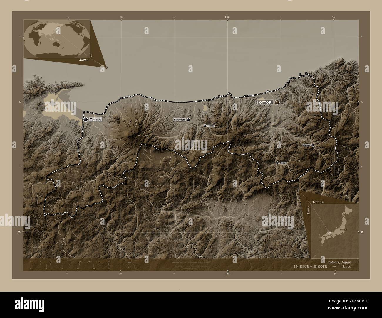 Tottori, prefecture of Japan. Elevation map colored in sepia tones with ...
