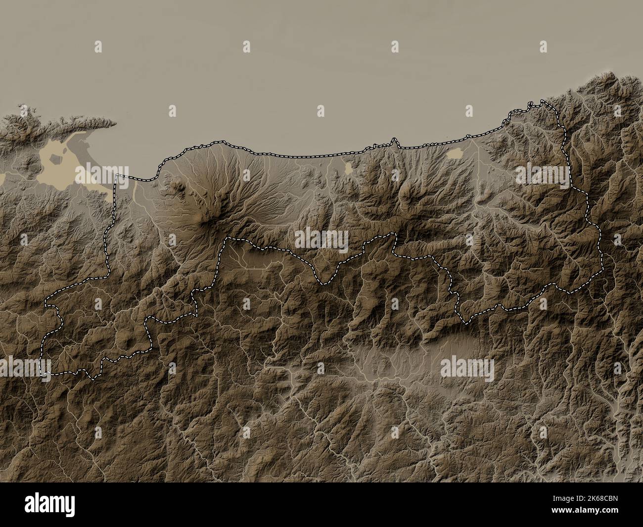 Tottori, prefecture of Japan. Elevation map colored in sepia tones with ...