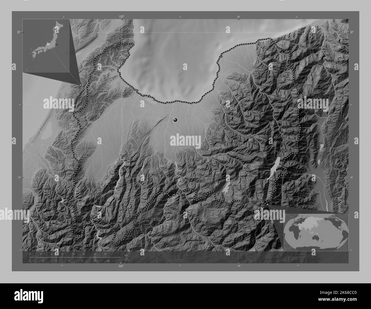 Toyama, prefecture of Japan. Grayscale elevation map with lakes and ...
