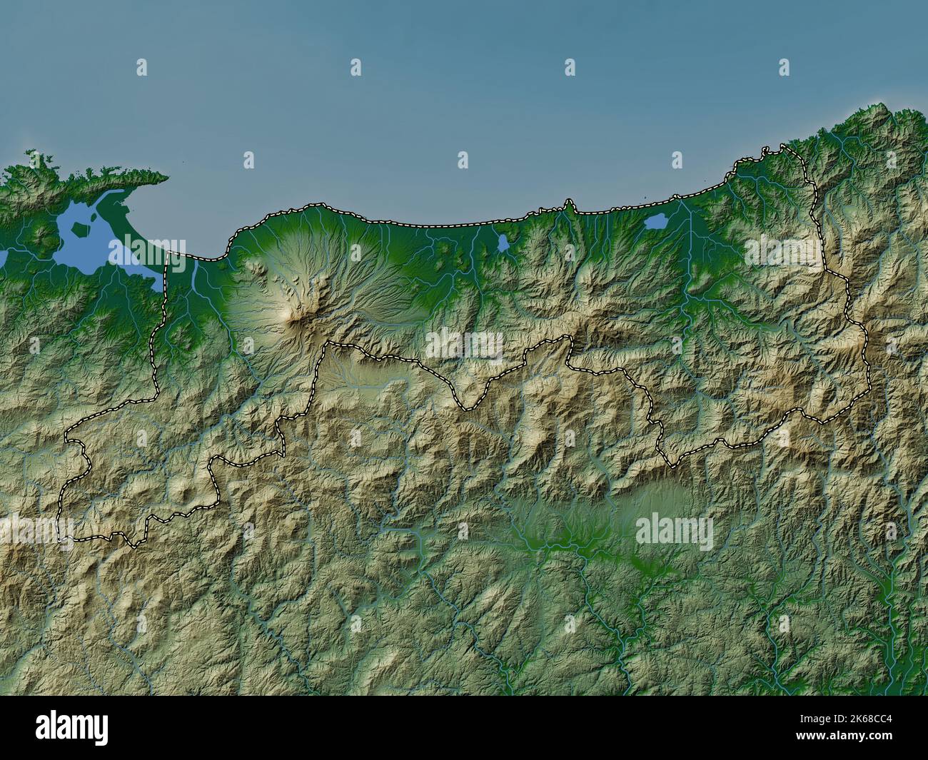 Tottori, prefecture of Japan. Colored elevation map with lakes and ...