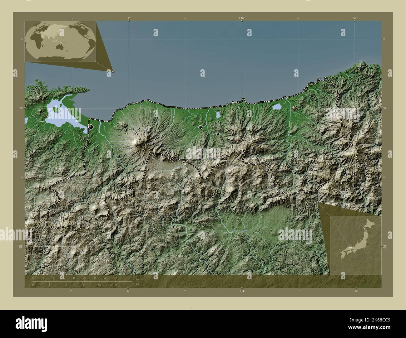 Tottori, prefecture of Japan. Elevation map colored in wiki style with ...