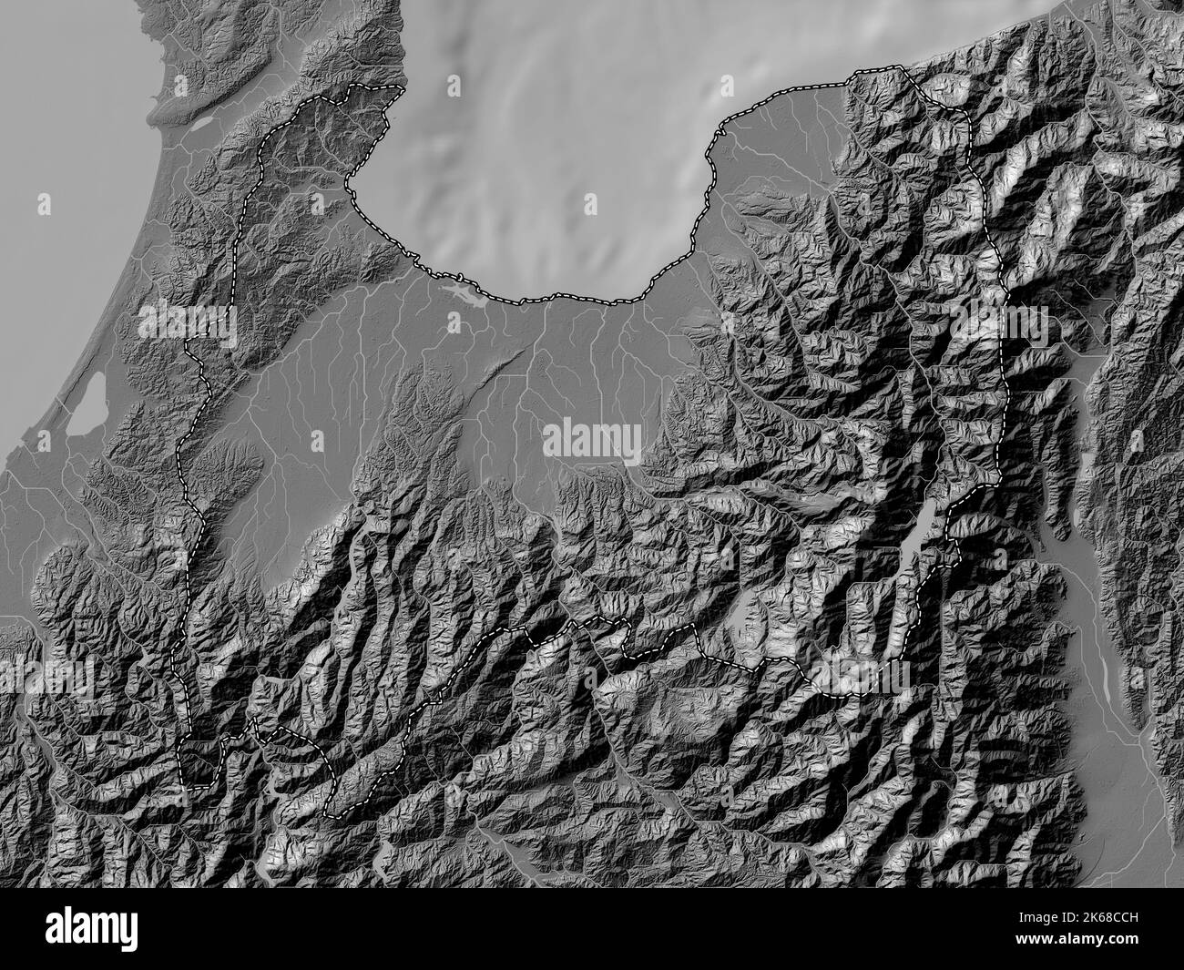 Toyama, prefecture of Japan. Bilevel elevation map with lakes and ...