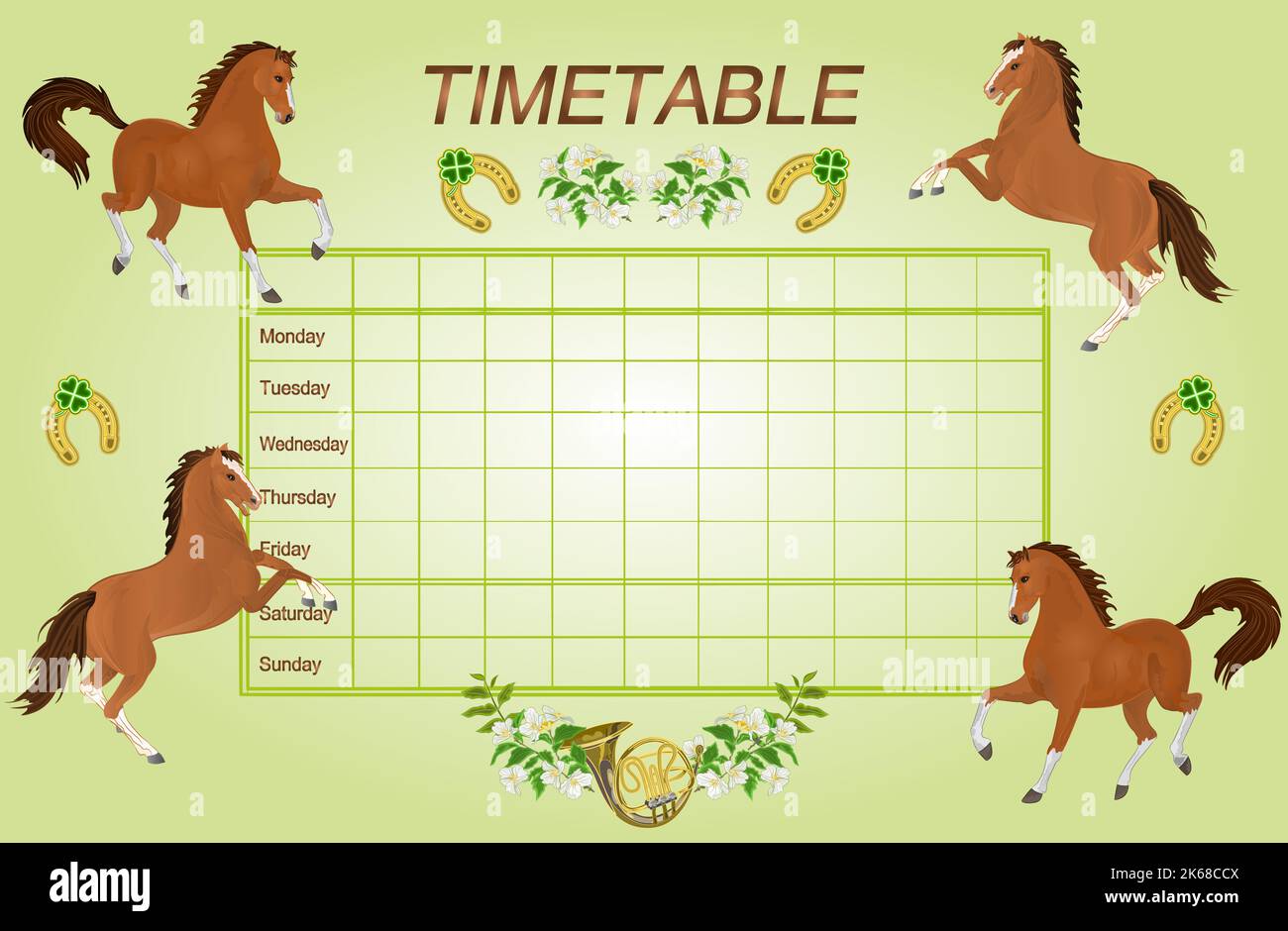 Timetable weekly schedule with brown horses vector Stock Vector Image ...