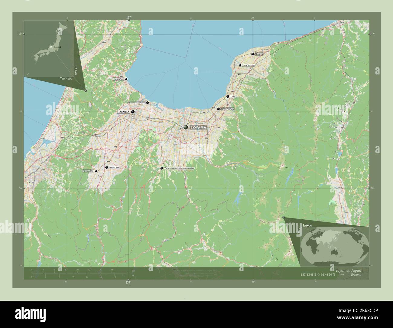 Toyama, prefecture of Japan. Open Street Map. Locations and names of ...