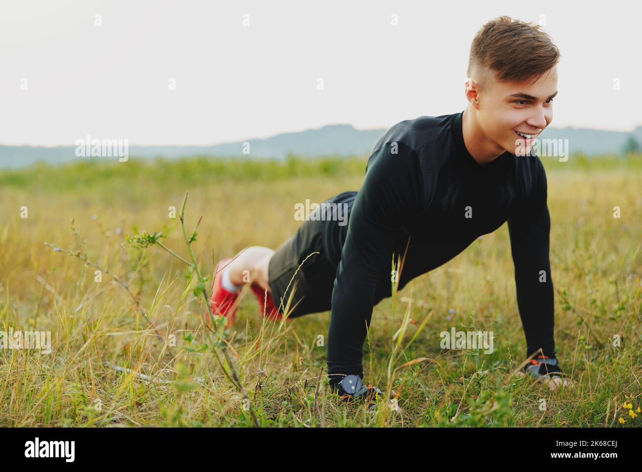 Push up fit man doing arm workout exercising bodyweight exercise pushup ...