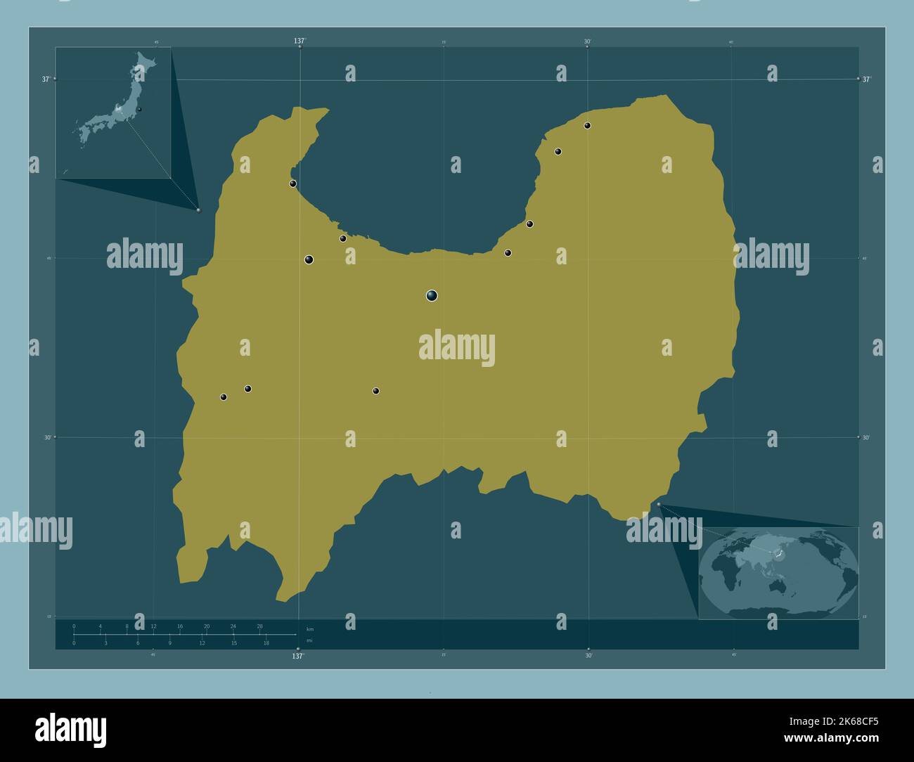Toyama, prefecture of Japan. Solid color shape. Locations of major ...
