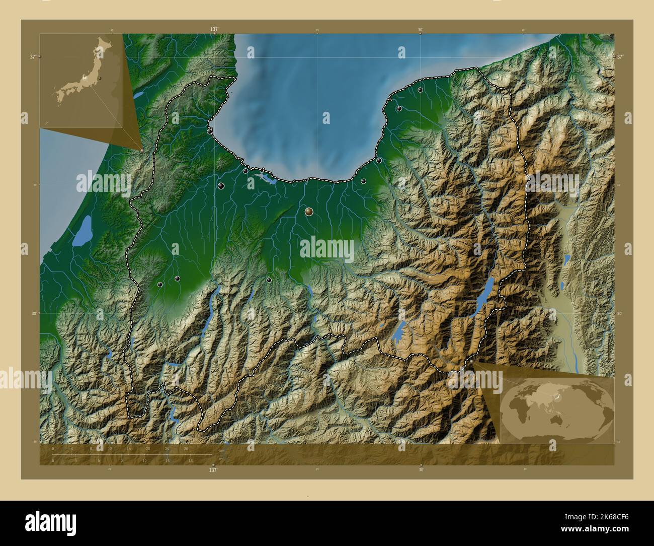 Toyama, prefecture of Japan. Colored elevation map with lakes and ...