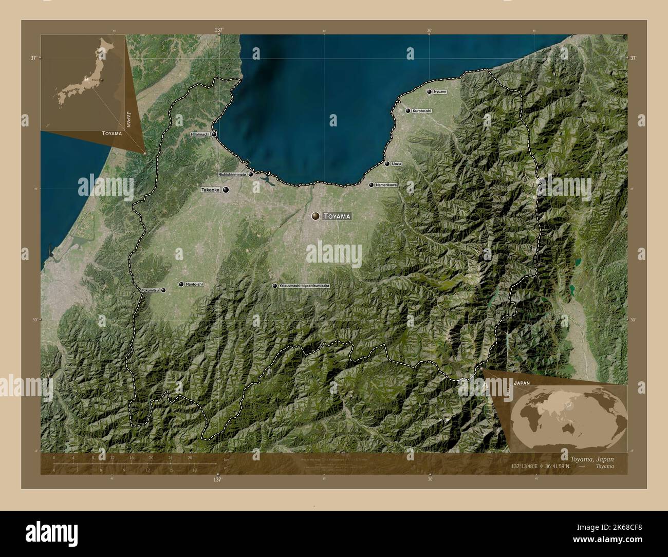 Toyama, prefecture of Japan. Low resolution satellite map. Locations ...