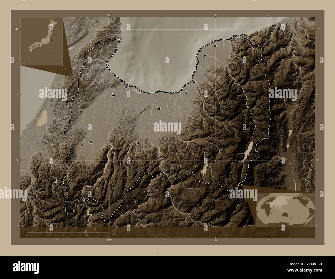 Toyama, prefecture of Japan. Elevation map colored in sepia tones with ...
