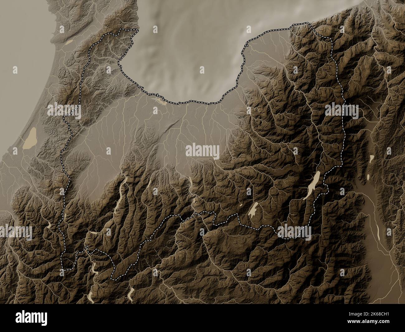 Toyama, prefecture of Japan. Elevation map colored in sepia tones with ...
