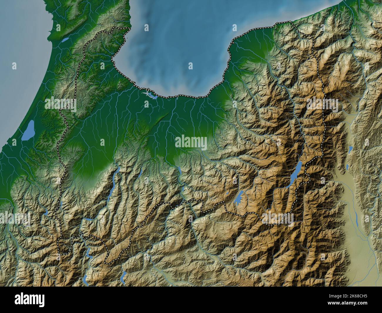 Toyama, prefecture of Japan. Colored elevation map with lakes and ...