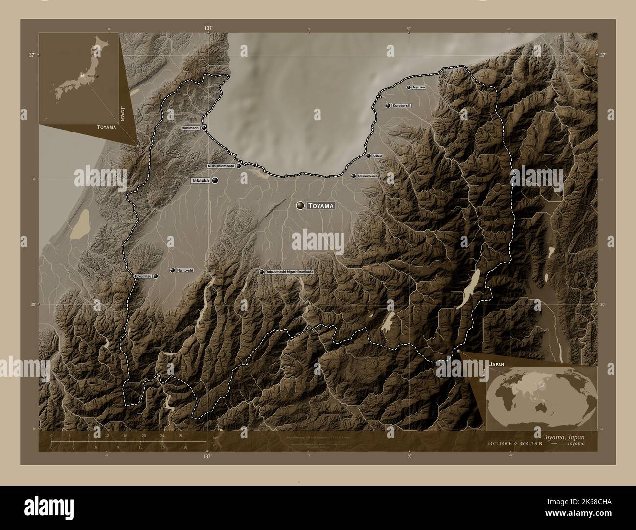 Toyama, prefecture of Japan. Elevation map colored in sepia tones with ...