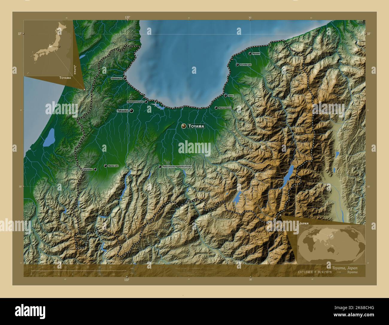 Toyama, prefecture of Japan. Colored elevation map with lakes and ...