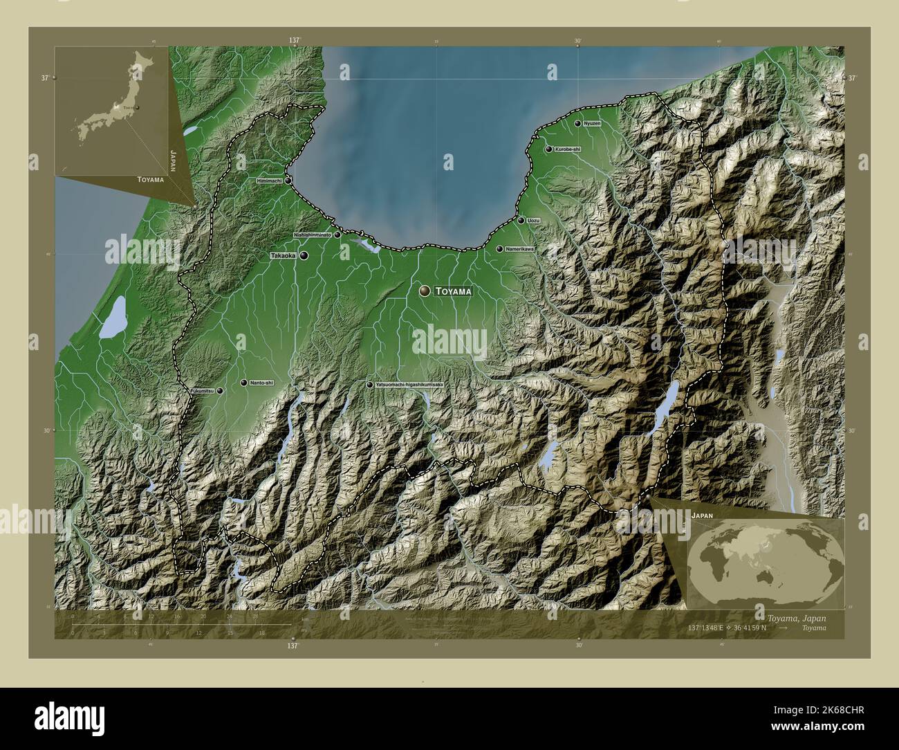 Toyama, prefecture of Japan. Elevation map colored in wiki style with ...