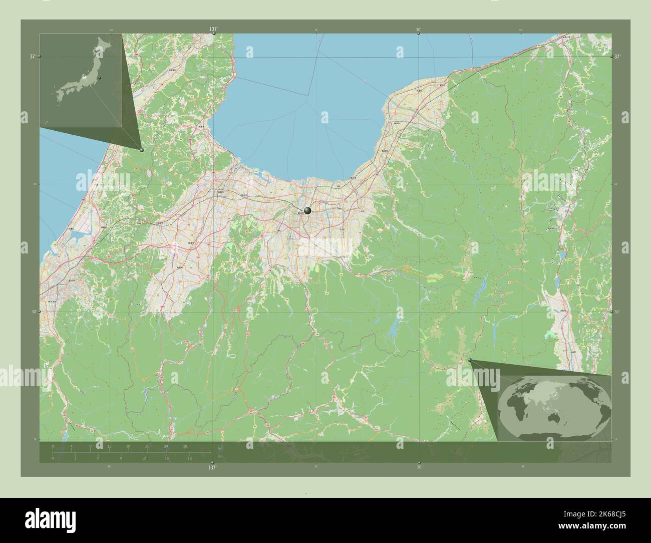 Toyama, prefecture of Japan. Open Street Map. Corner auxiliary location ...