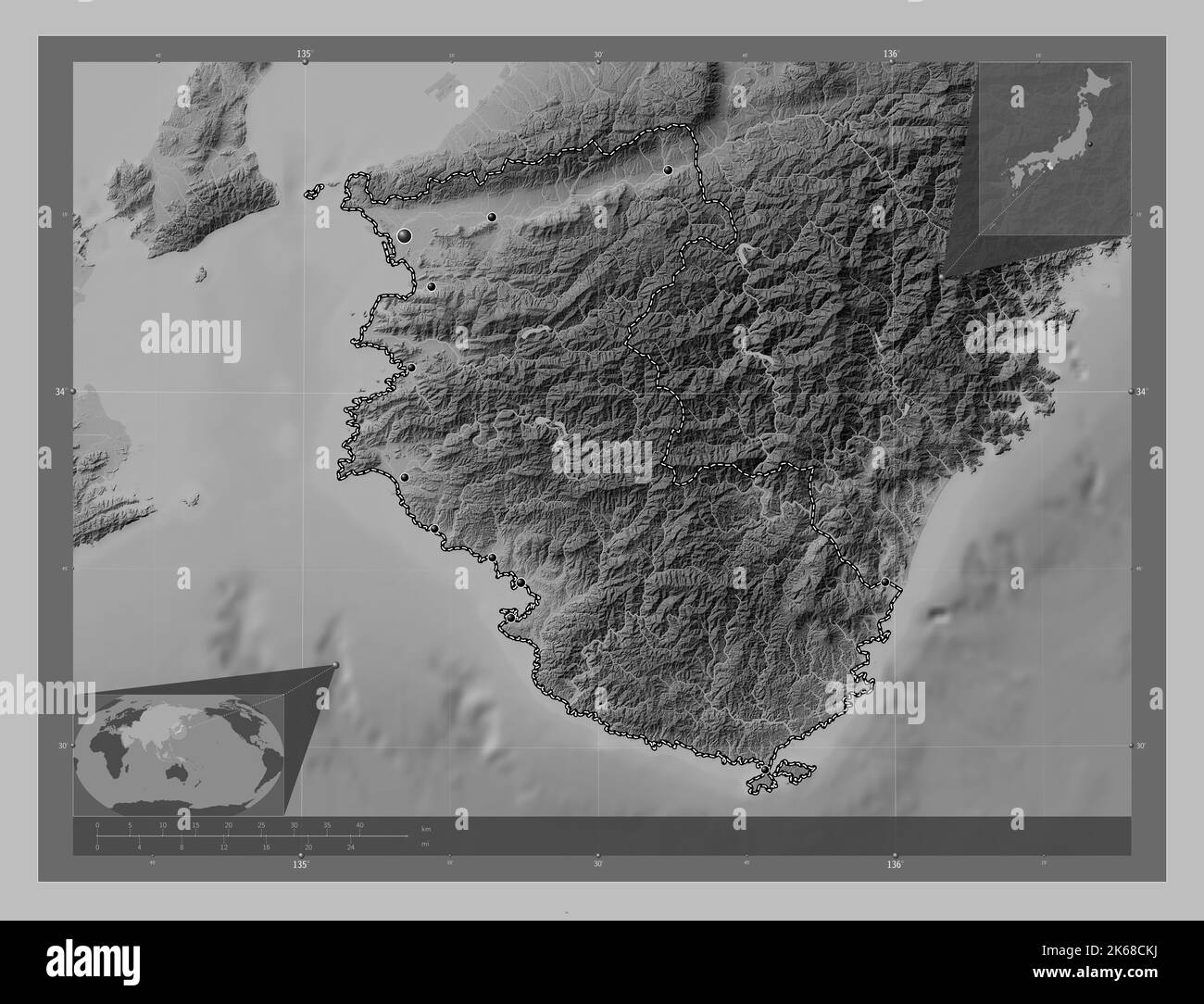 Wakayama, prefecture of Japan. Grayscale elevation map with lakes and ...