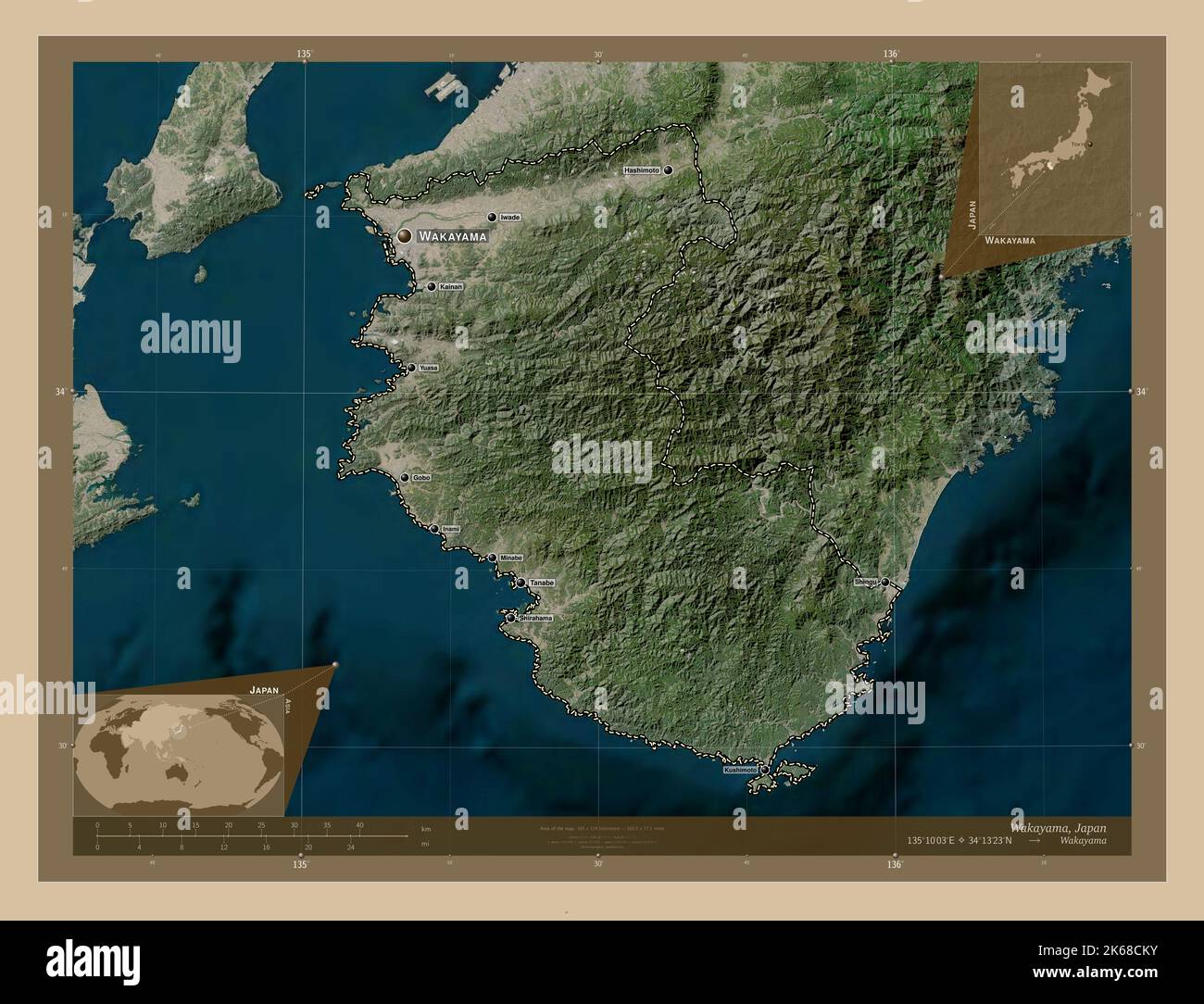 Wakayama, prefecture of Japan. Low resolution satellite map. Locations ...