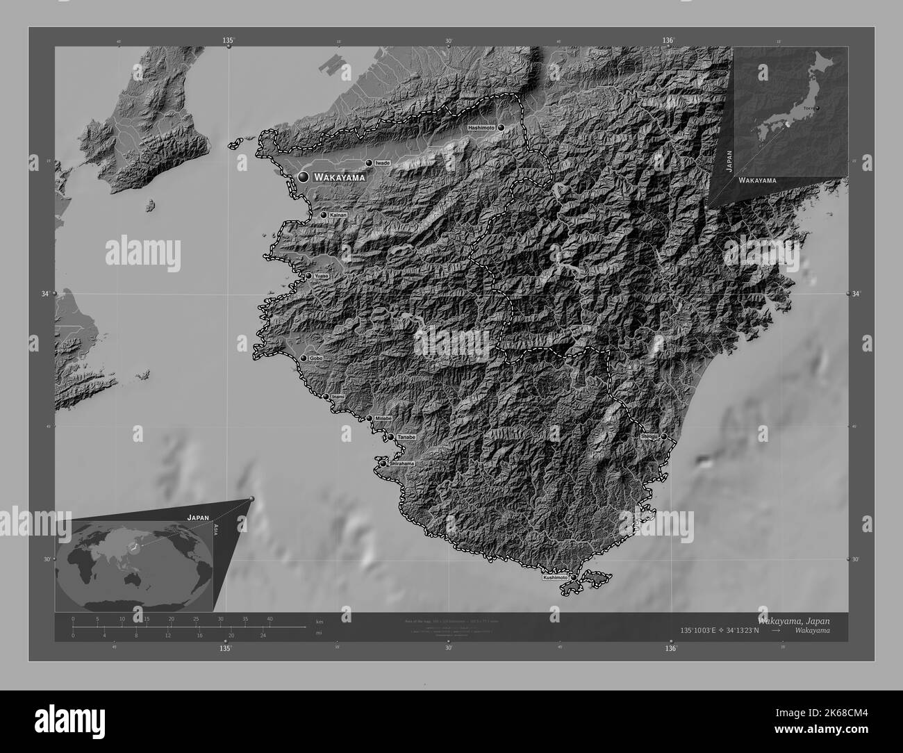 Wakayama, prefecture of Japan. Bilevel elevation map with lakes and ...