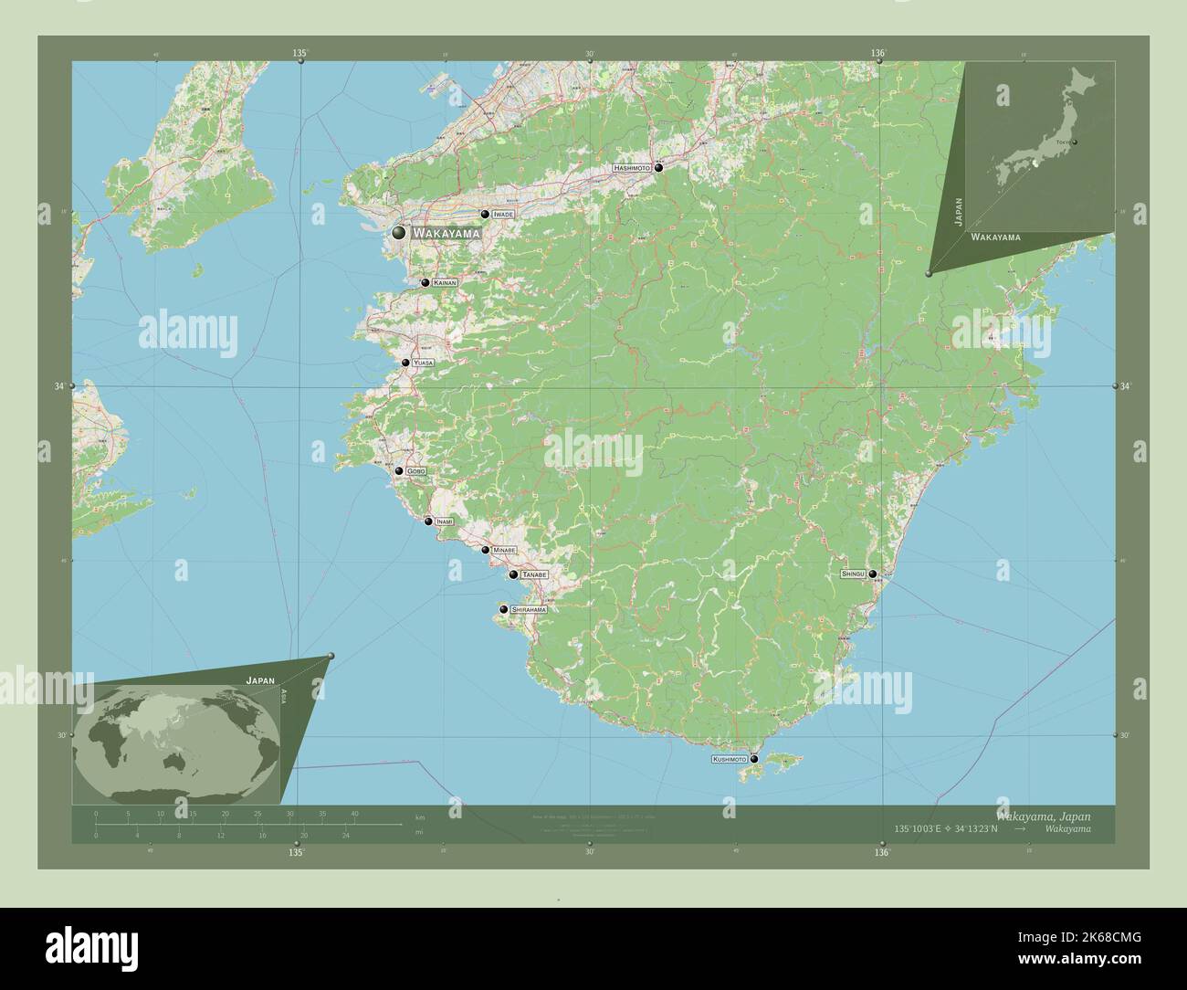 Wakayama, prefecture of Japan. Open Street Map. Locations and names of ...