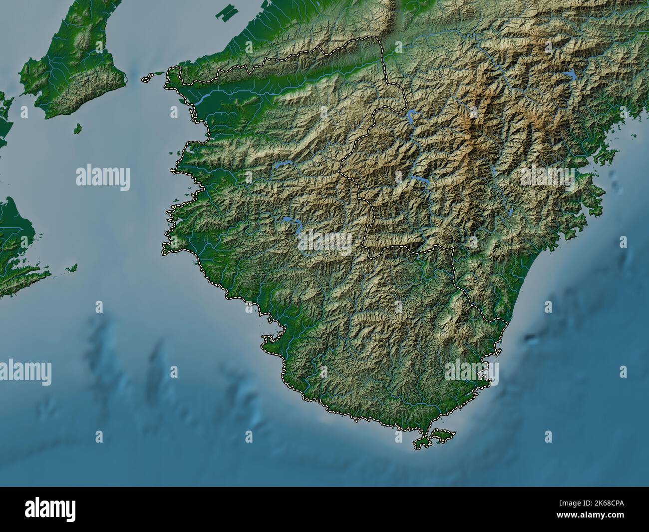 Wakayama, prefecture of Japan. Colored elevation map with lakes and ...