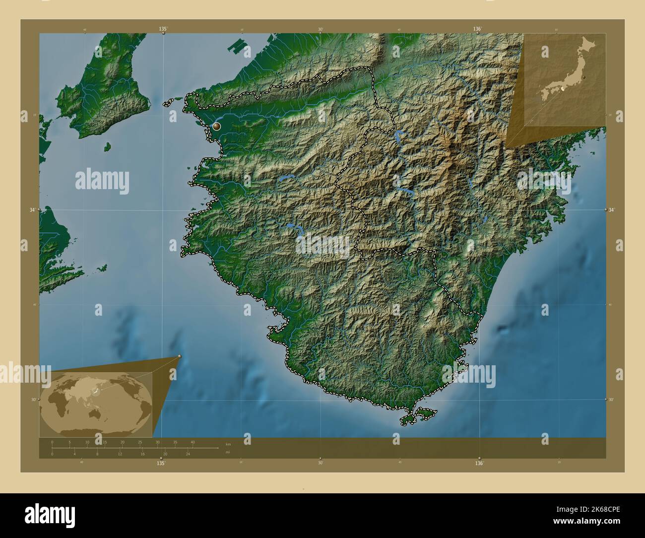 Wakayama, prefecture of Japan. Colored elevation map with lakes and ...