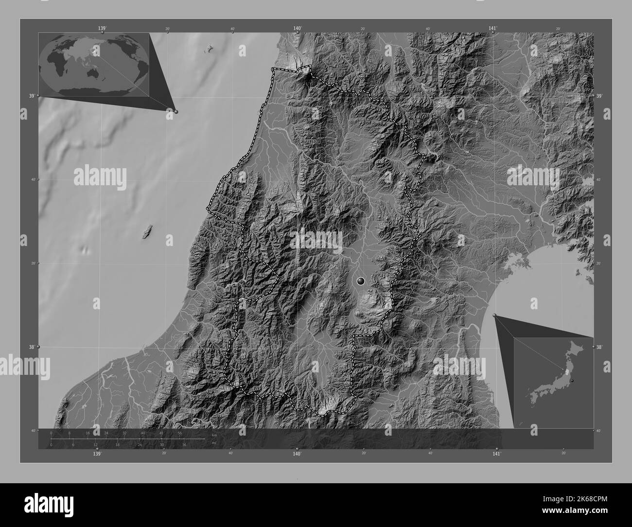 Yamagata, prefecture of Japan. Bilevel elevation map with lakes and ...