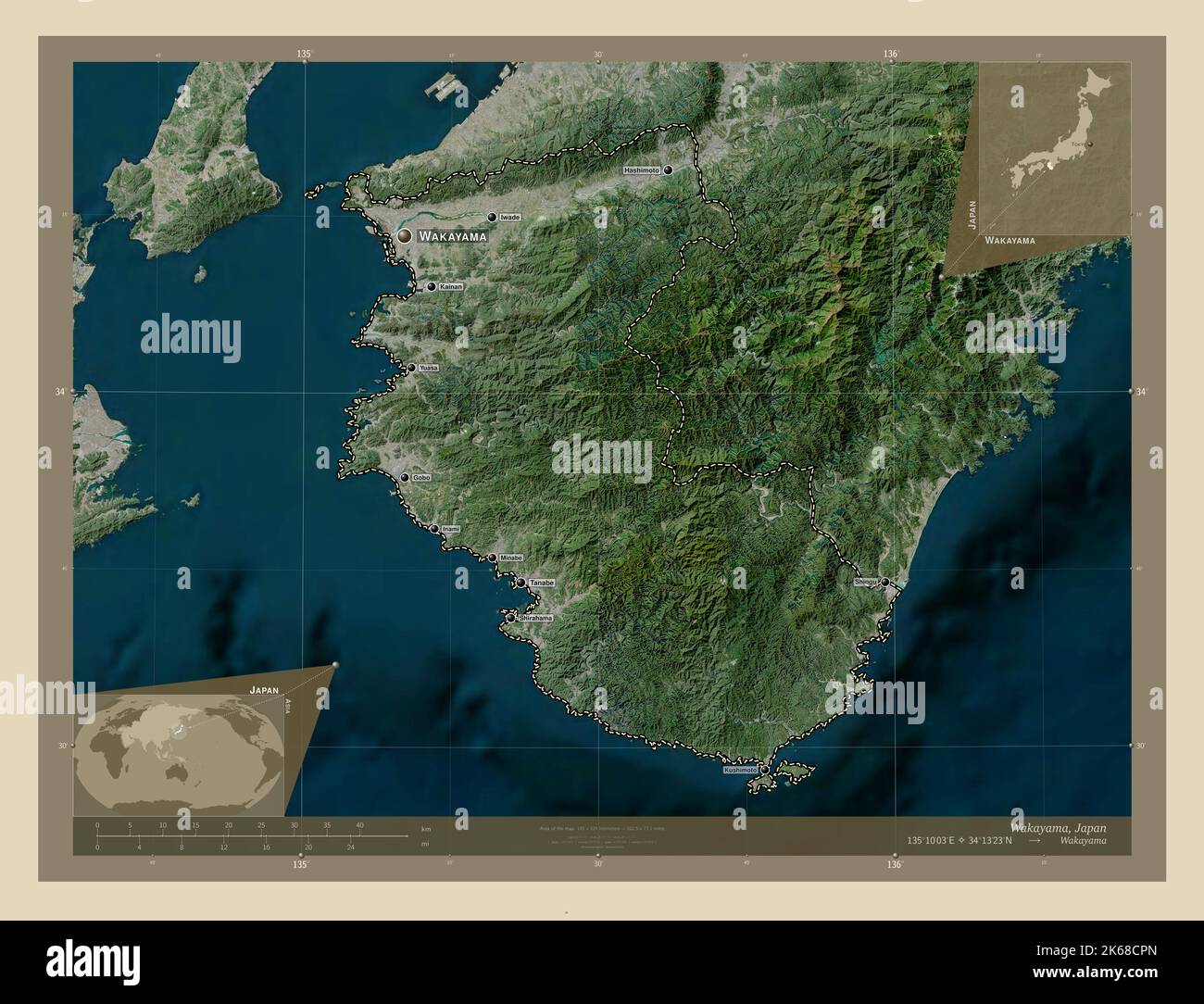 Wakayama, prefecture of Japan. High resolution satellite map. Locations ...