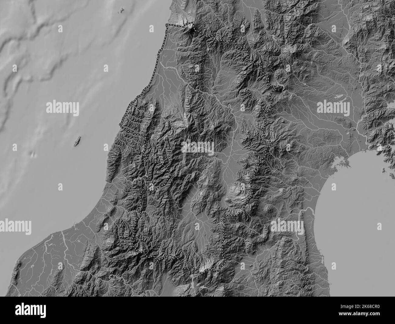 Yamagata, prefecture of Japan. Bilevel elevation map with lakes and ...