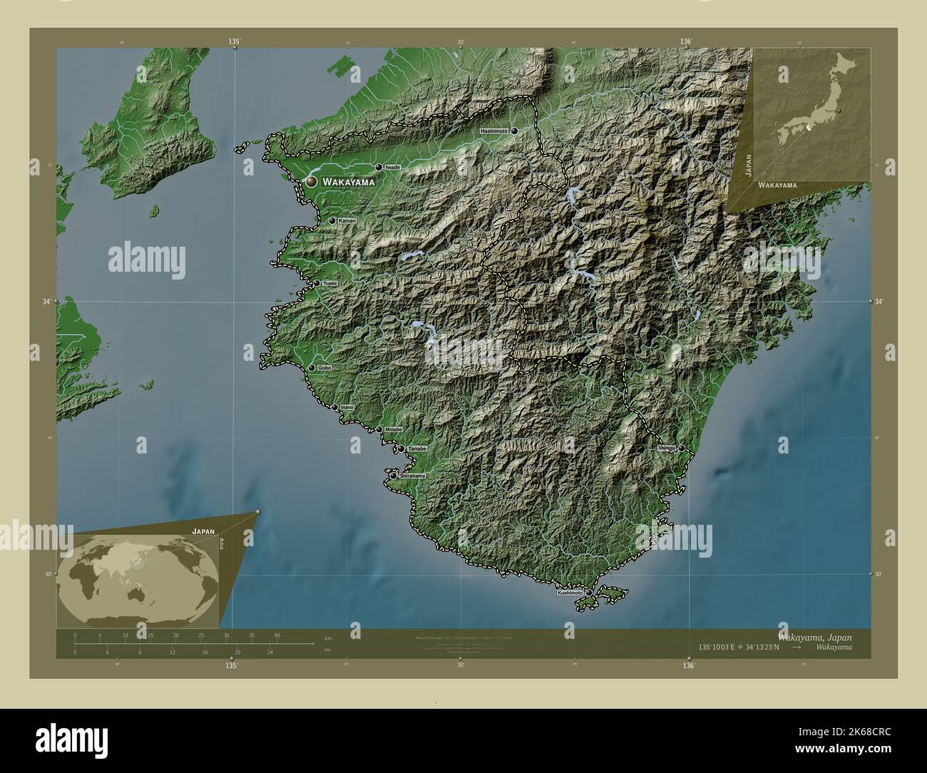 Wakayama, prefecture of Japan. Elevation map colored in wiki style with ...