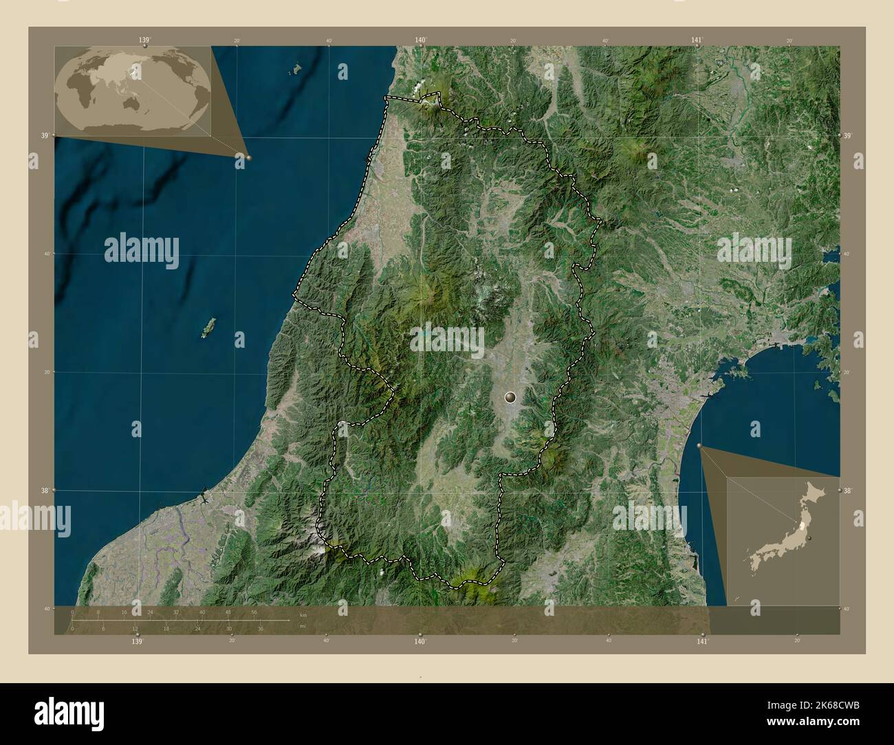 Yamagata, prefecture of Japan. High resolution satellite map. Corner ...