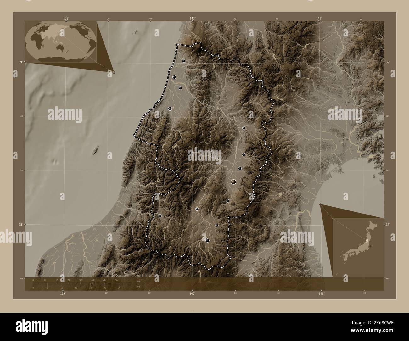 Yamagata, prefecture of Japan. Elevation map colored in sepia tones ...