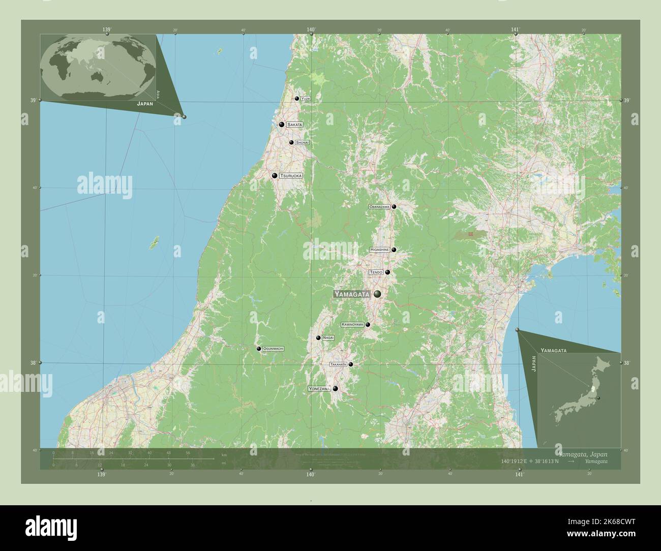 Yamagata, prefecture of Japan. Open Street Map. Locations and names of ...