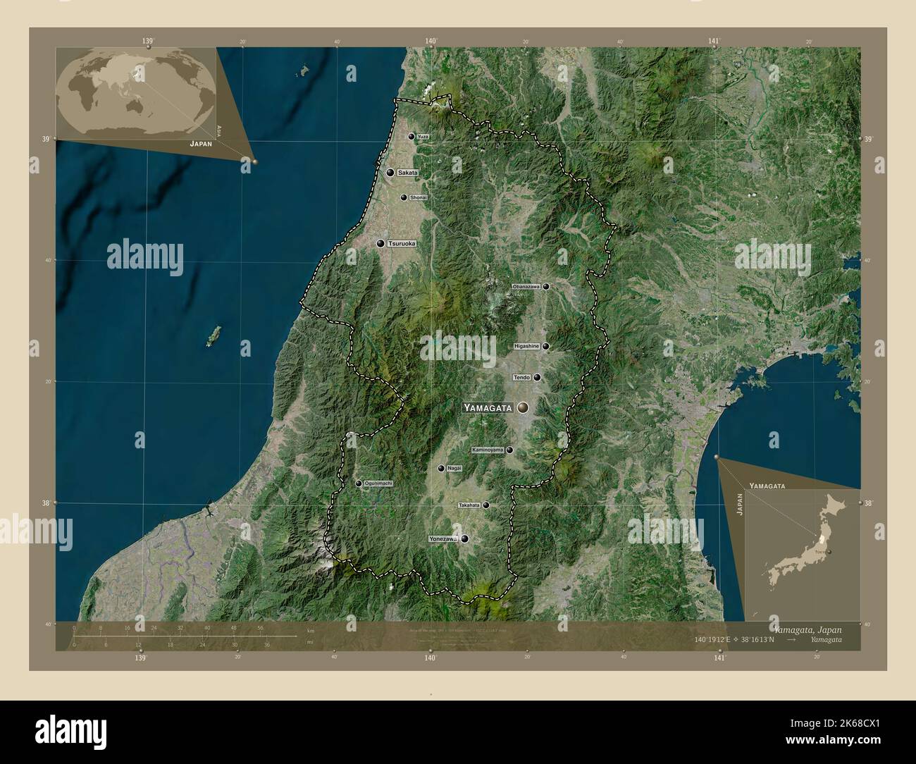 Yamagata, prefecture of Japan. High resolution satellite map. Locations ...